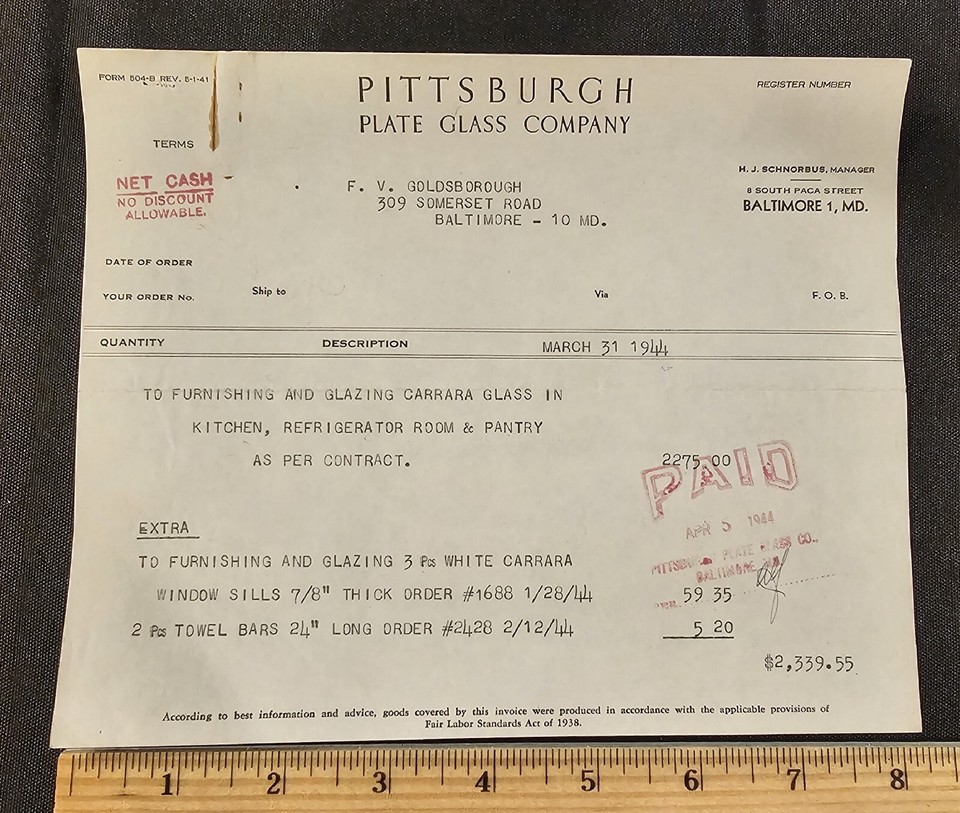 1944 Pittsburgh Plate Glass Co Billhead Receipt Baltimore, MD | eBay