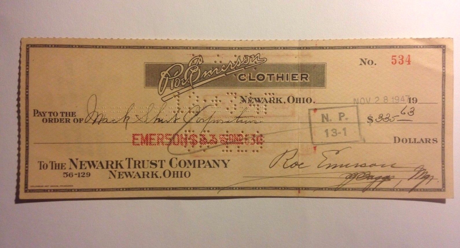 1947 ROE EMERSON CLOTHIER CHECK SIGNED BY ROE EMERSON | eBay