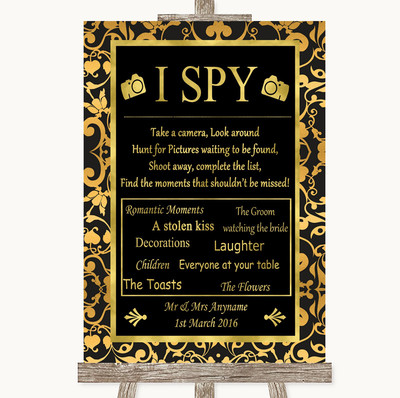 Black & Gold Damask I Spy Disposable Camera Personalised Wedding Sign ...