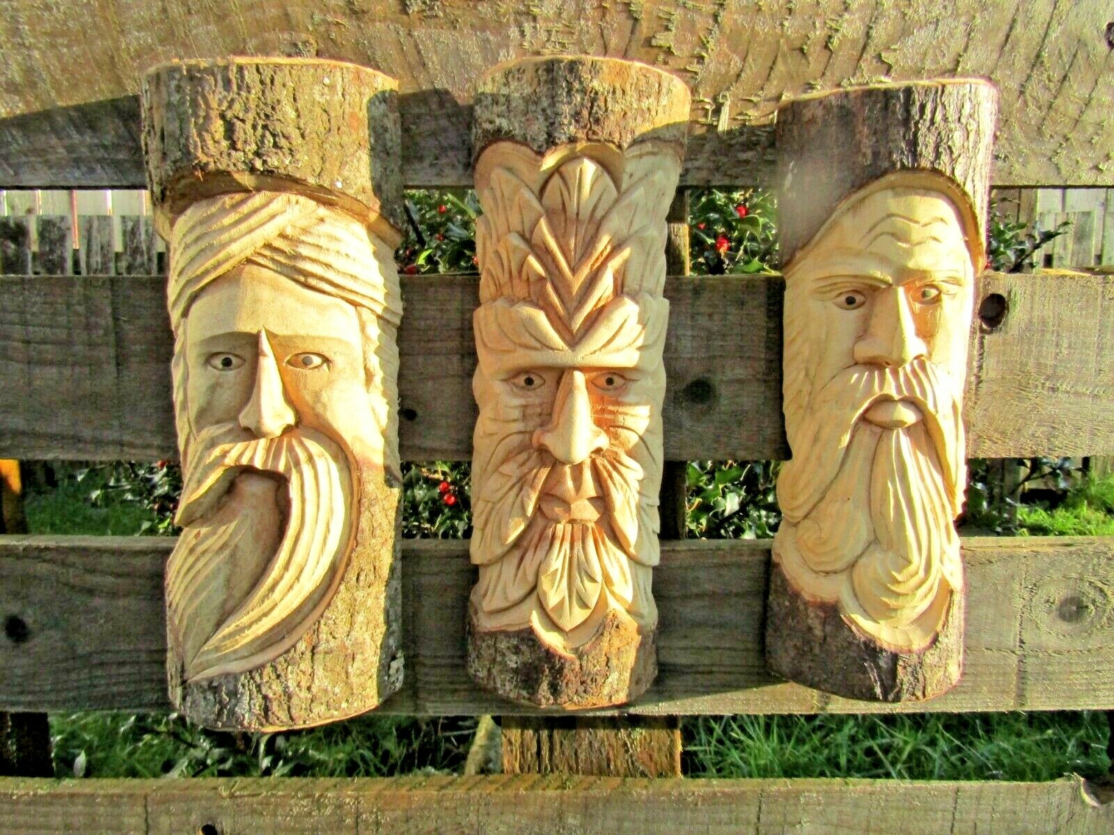Hand Carved Wooden Green Man Half Tree Trunk Stump Log Statue Wall ...