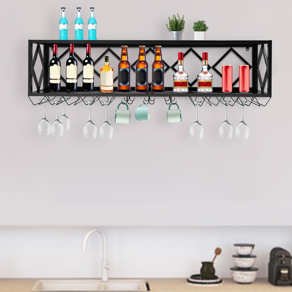 Wall-Mounted Inverted Wine Glass Rack Bar Unit Floating Shelves Bottle ...