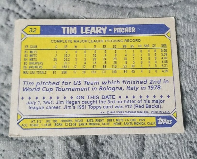 1987 Topps Milwaukee Brewers Baseball Card #32 Tim Leary | eBay