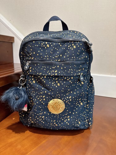 NWT Kipling Seoul laptop Large Backpack Blue Navy Gold School bag 41cm ...