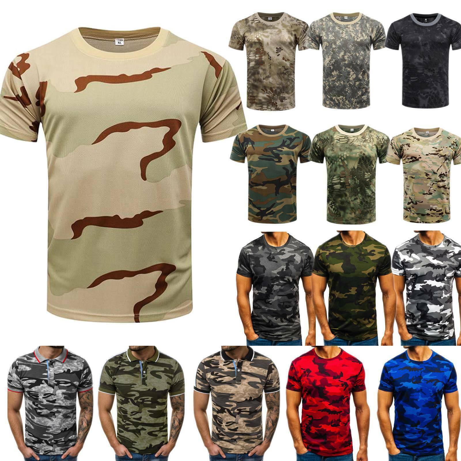 Mens Military Short Sleeve Camo Combat Casual Slim Fit Tee Tops Basic T ...