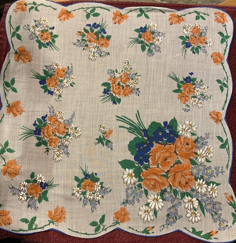 Vintage Orange & Blue Floral on White Hankie Hanky Handkerchief w ...