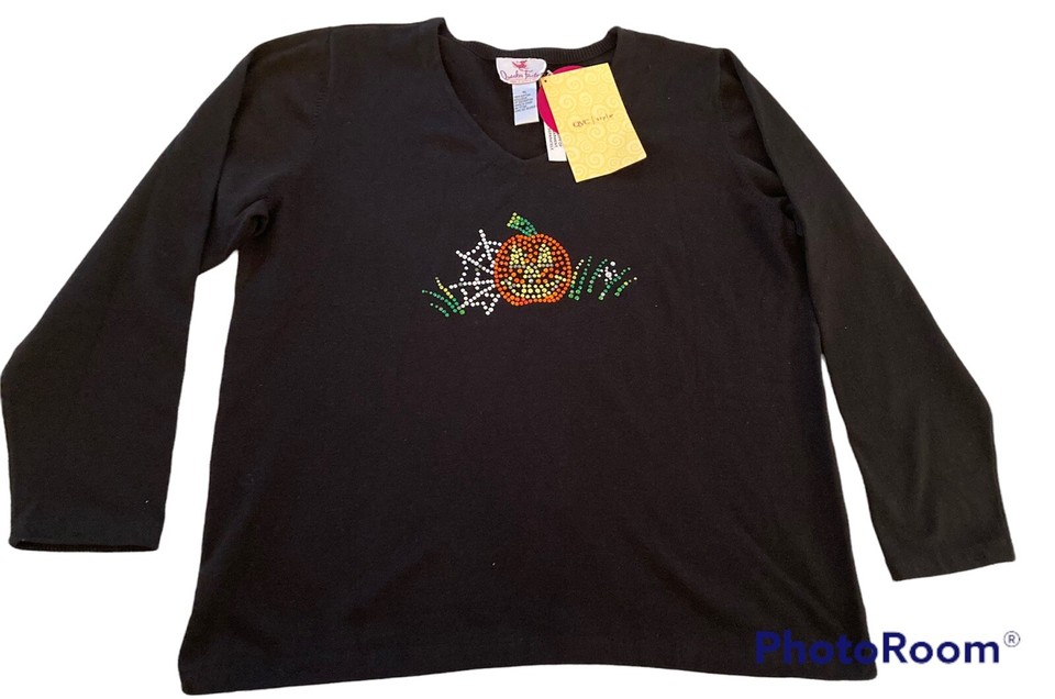 QVC Quacker Factory Halloween Top XL Rhinestones Jack-O-Lantern ...