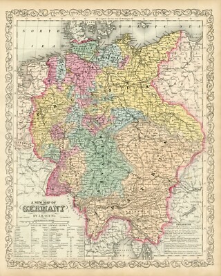 A New Map of Germany 1850 Cities Rivers Table of German States Poster ...
