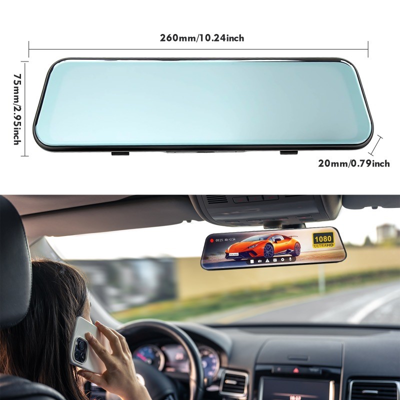 4K 10" Dual Dash Cam Car Rear Mirror View Backup Dual Camera Night ...
