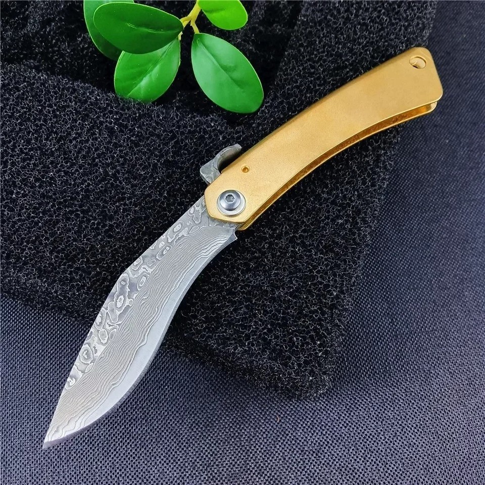 Mini Japanese Folding Knife Damascus Steel Blade Brass Handle Pocket ...