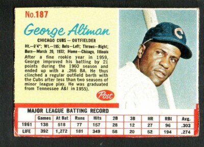 1962 Post Baseball Card #187 George Altman-Chicago Cubs Vg Card | eBay