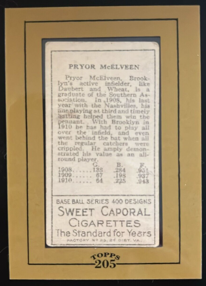 1911 T205 Tobacco Gold Border Pryor McElveen Brooklyn Nationals ...