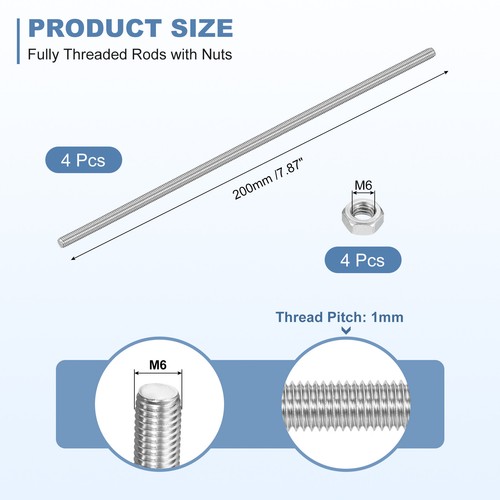 4Set M6-1.0x200mm Fully Threaded Rods, Stainless Steel Thread Bar Studs ...