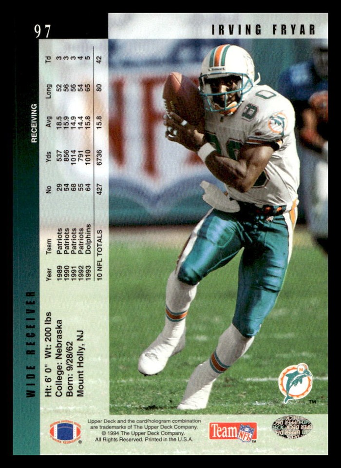 1994 Upper Deck #97 Irving Fryar Miami Dolphins | eBay