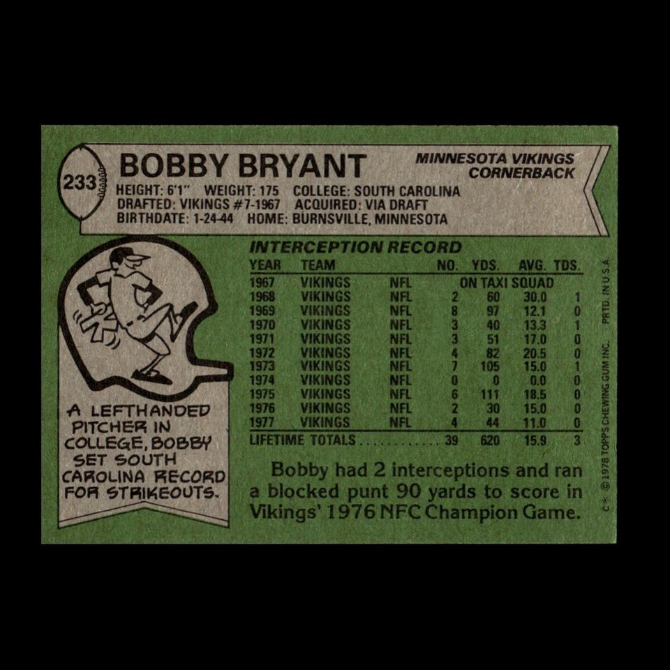 Bobby Bryant 1978 Topps Minnesota Vikings #233 R308H 2 | eBay