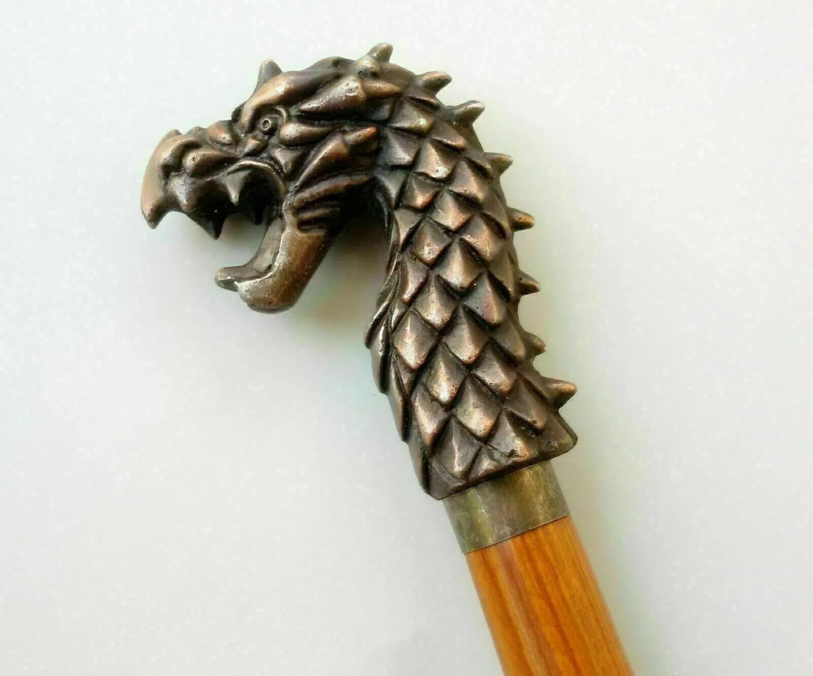 Wooden Walking Stick Dragon Brass Head Handle Antique… - Gem