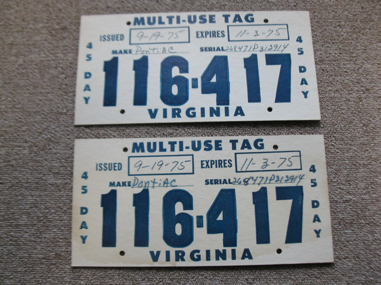 Vintage Pair of VIRGINIA Temporary Tag Dealer License Plates 1975 ...