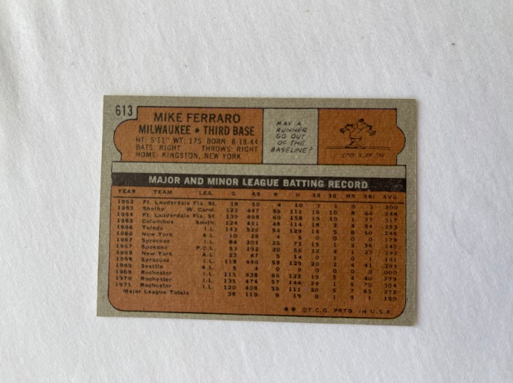 DCC: 1972 Topps Mike Ferraro Milwaukee Brewers #613 NM-MT+ Well ...