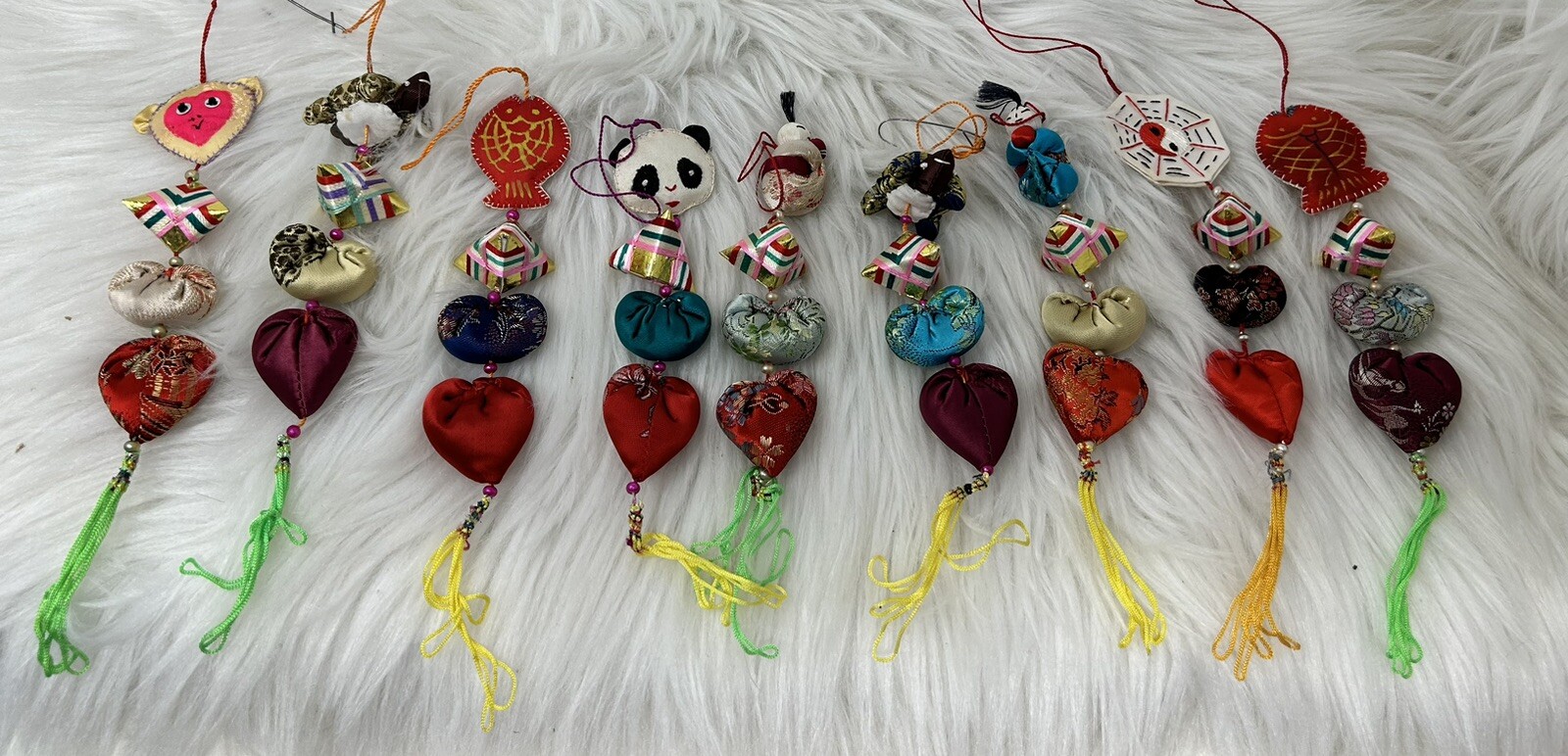 Vintage Handmade Chinese Dangling Heart Panda Fish String Ornaments 10 ...