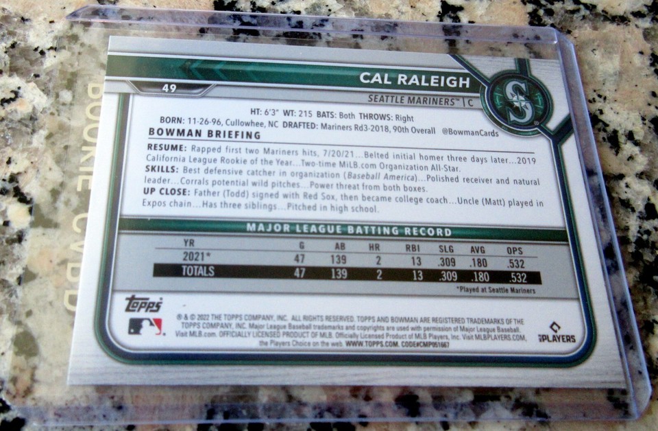 CAL RALEIGH 2022 Bowman Rookie Card RC Logo Seattle Mariners Home Run ...