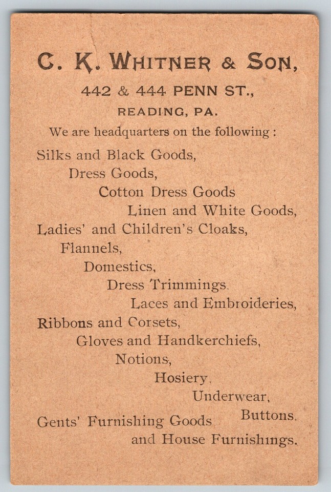 C.K. Whitner & Son Clothing Reading, PA Victorian Trade Card - Winter ...