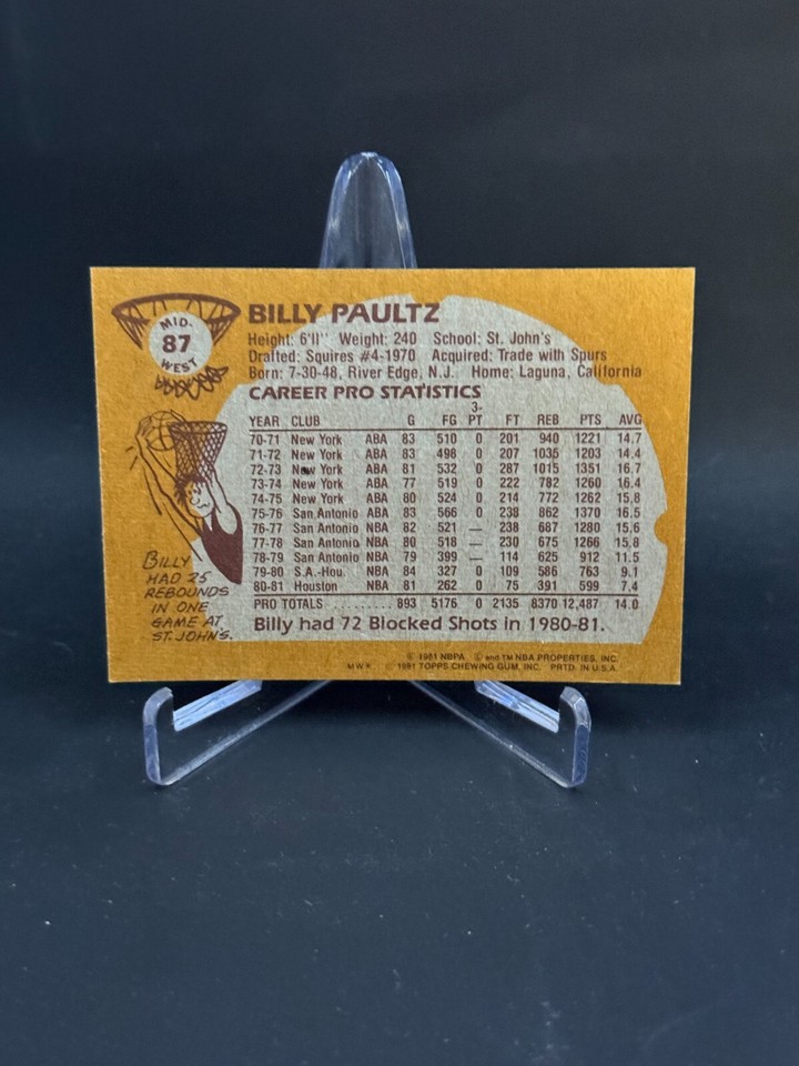 1981-82 Topps Basketball Billy Paultz Card #87 EX+ | eBay