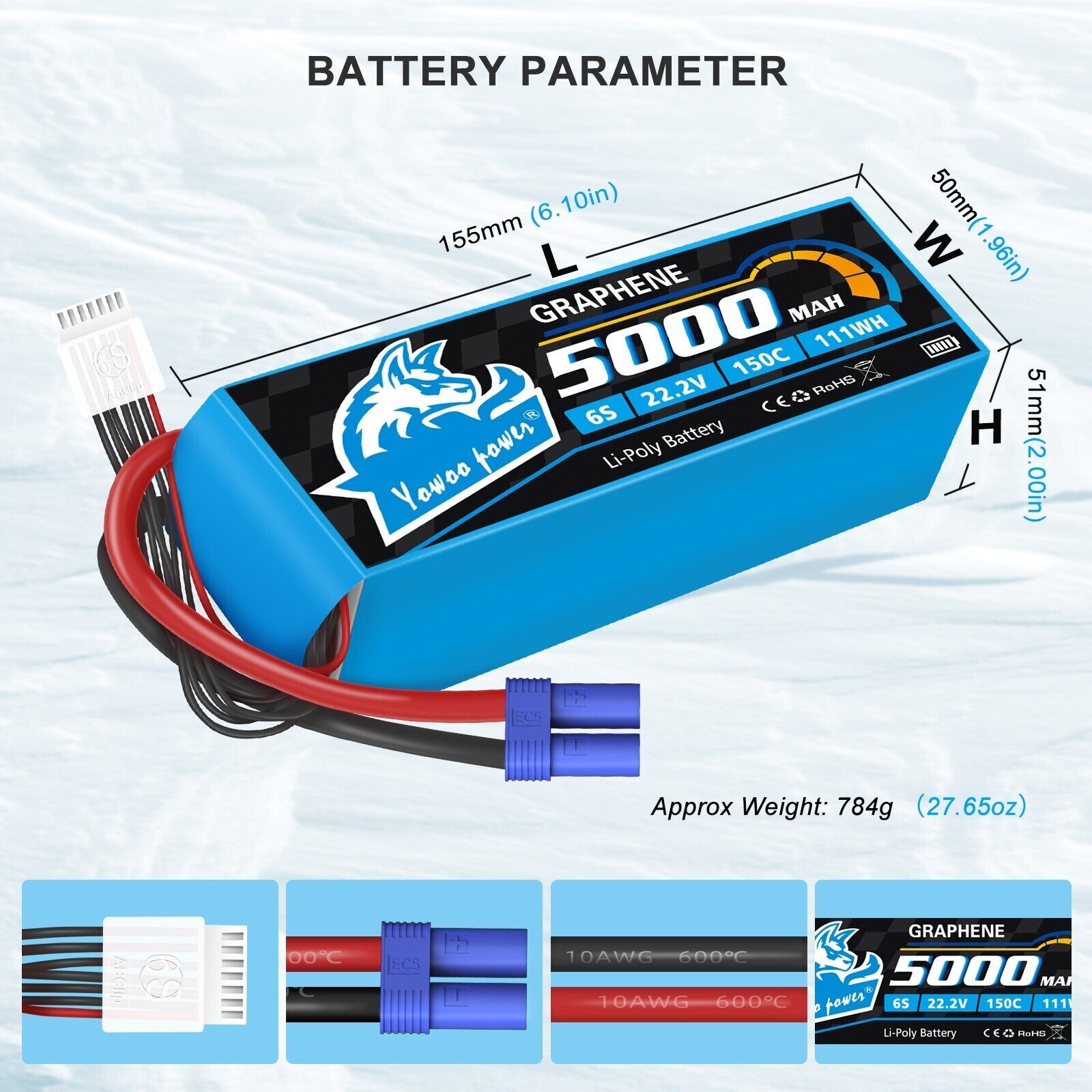 2pcs Yowoo 6S 5000mAh 150C 22.2V EC5 Lipo Battery Graphene for RC Car ...