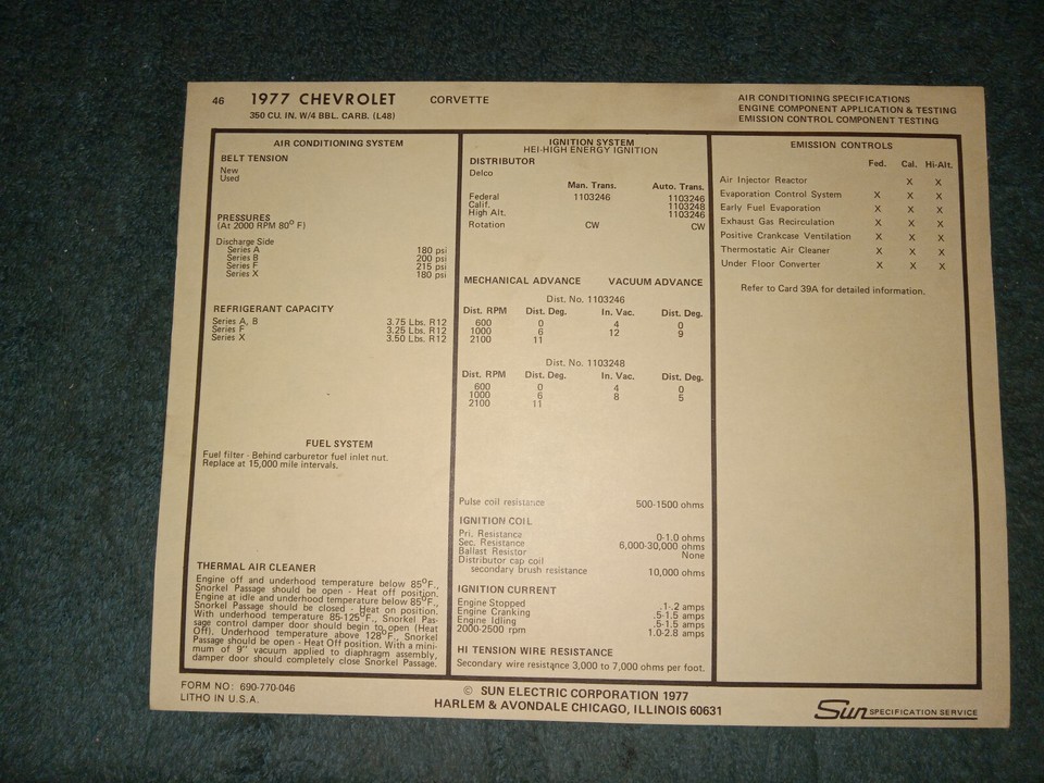 1977 CHEVROLET CORVETTE 350 V8 ENGINE SUN TUNE-UP CHART / 4BBL CARB ...
