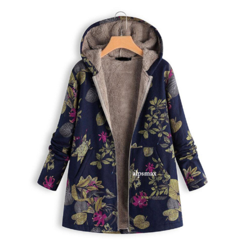 Women Winter Warm Floral Hooded Jacket Flower Print Coats Winter ...