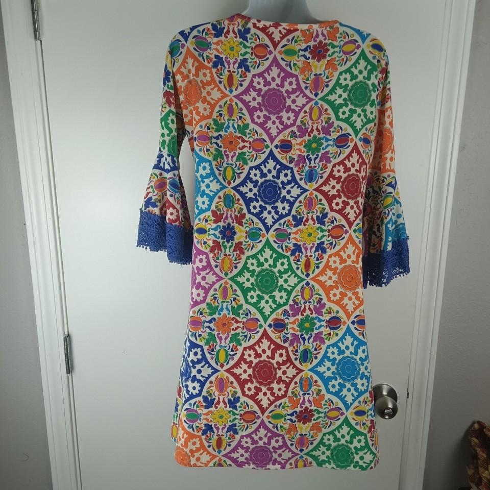 Judith March Dress Womens Small Multicolor Bell Sleeve Blue Lace Trim ...