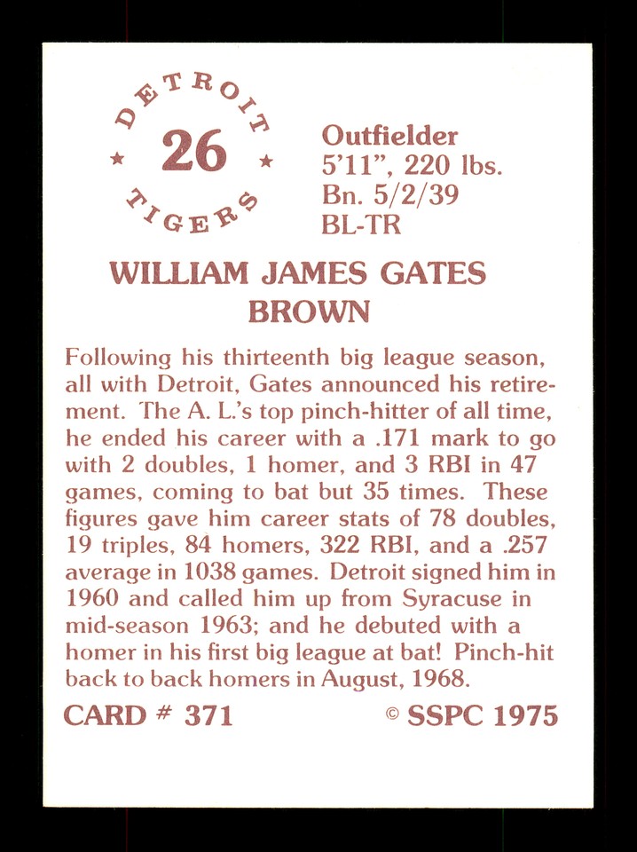 Gates Brown Autographed Auto Signed 1975 SSPC Card #371 Detroit Tigers ...