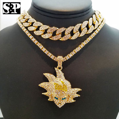 Hip Hop SON GOKU pendant w/ 16" Full Iced Cuban & 1 ROW DIAMOND Choker ...
