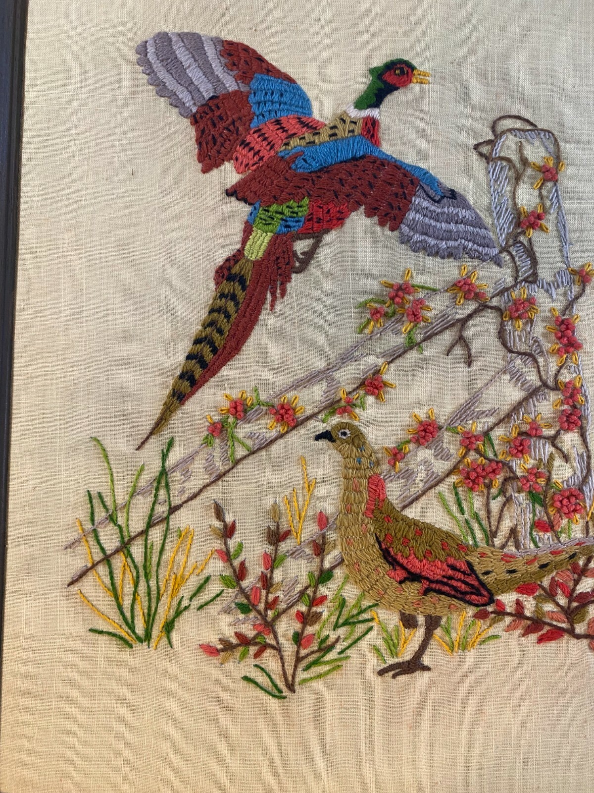 Vintage Crewel Work Embroidery "Two Birds In Landscape Scene" - Framed ...