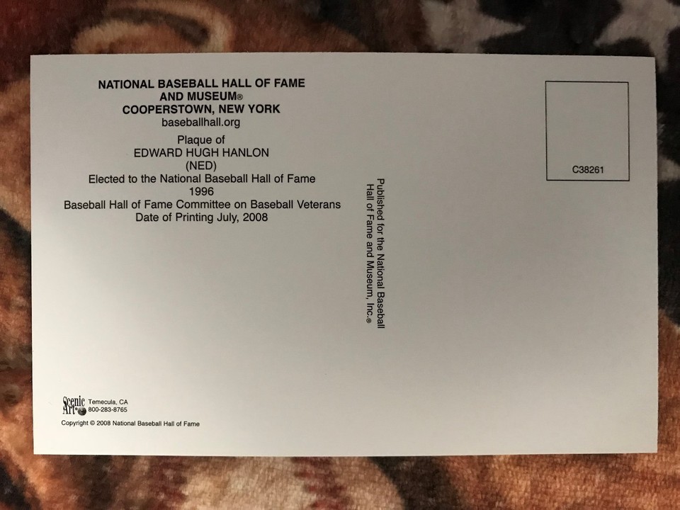 Ned Hanlon Postcard- Baseball Hall of Fame Induction Plaque- Photo ...
