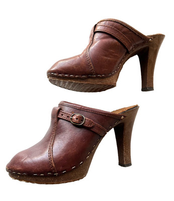 VINTAGE 60s MELTONIAN ITALY BROWN LEATHER HIGH HEEL CLOGS SHOES WOMEN'S ...