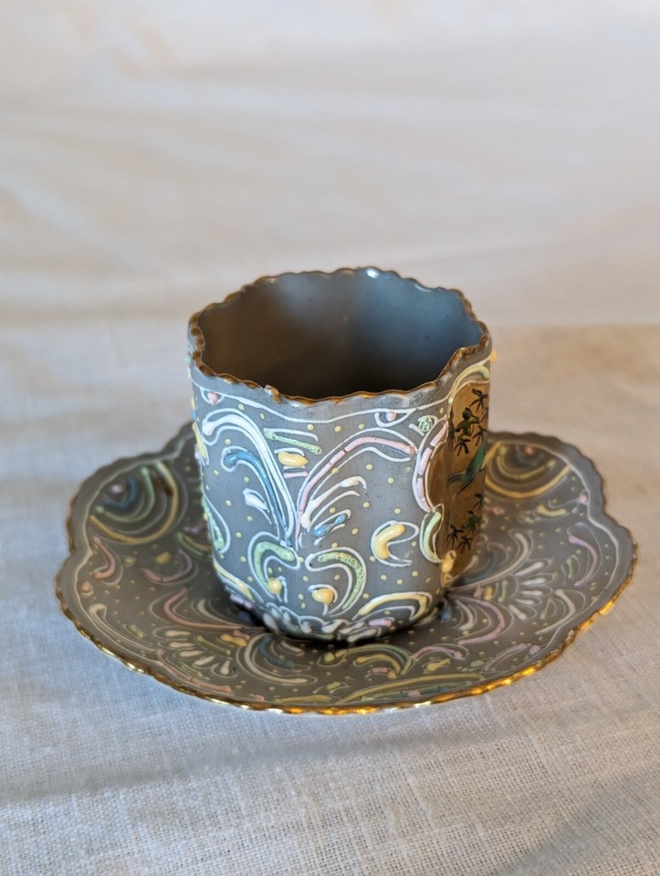 Vintage Ardalt Lenwile Moriage Demitasse Cup & Saucer gray bird Hand ...