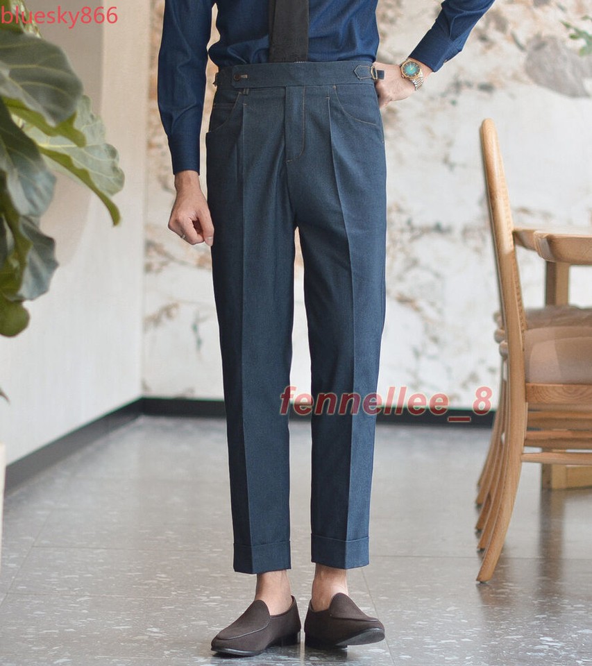 Italian Neapolitan High Waist Men Retro Denim Straight Ninth Trousers ...