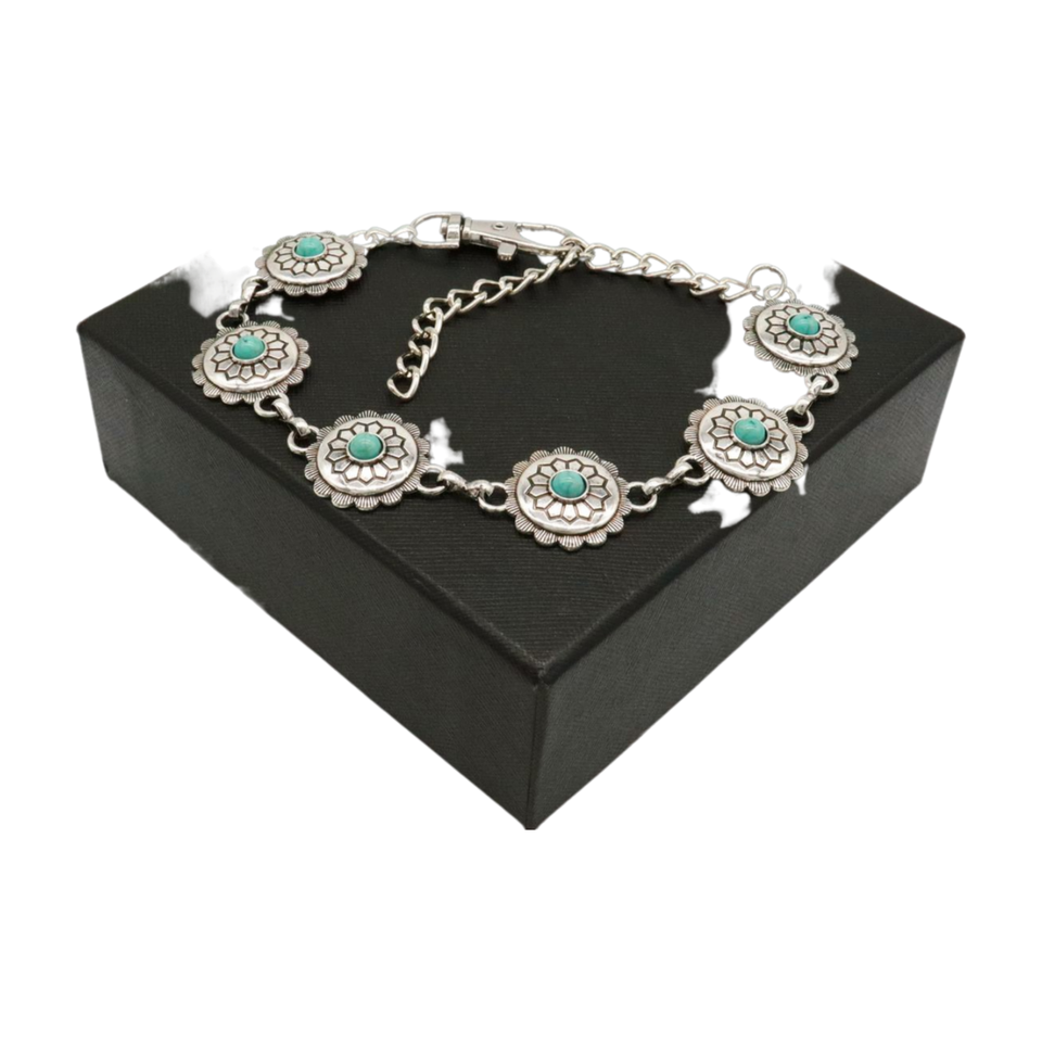 Women Silver Boot Chain Western Bracelet Shoe Flower Charm Turquoise ...