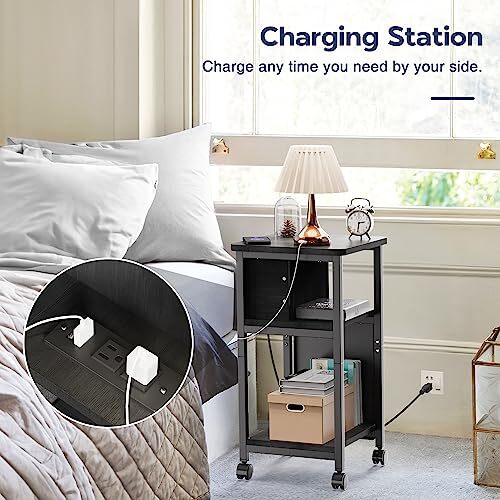 Small End Table with Charger, Side Table on Wheels, Mobile Small-black ...