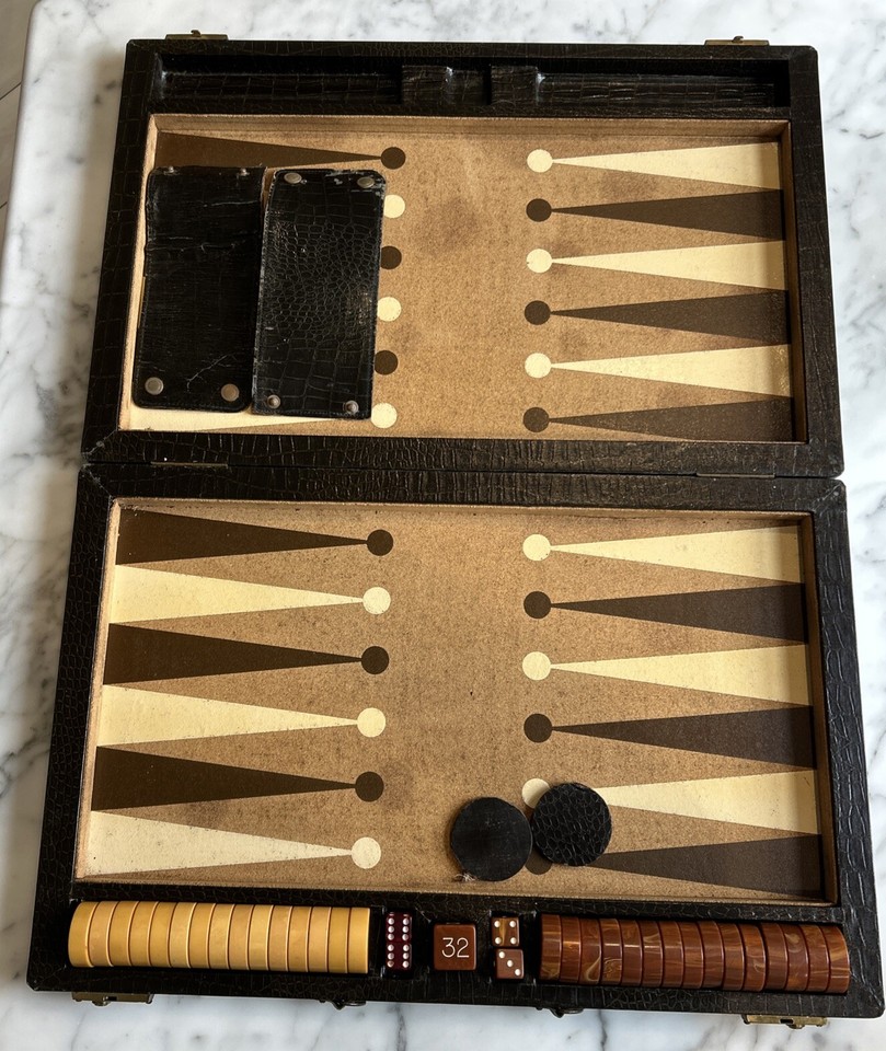 Vintage Bakelite Backgammon Set 1.5" Swirl Brown & Butterscotch Pieces ...