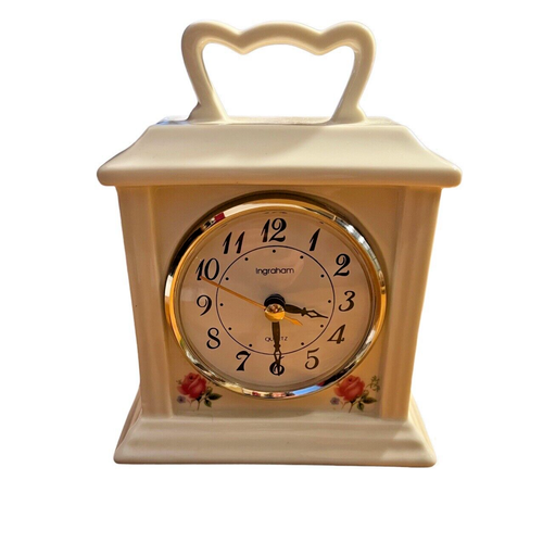 Vintage Ingraham Porcelain Table Clock Quartz Ivory Color Roses | eBay