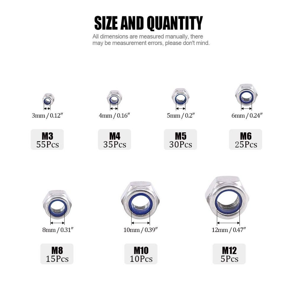 175pcs 304 Stainless Steel Lock Nut Nylon Insert Locknut Lock Washers ...