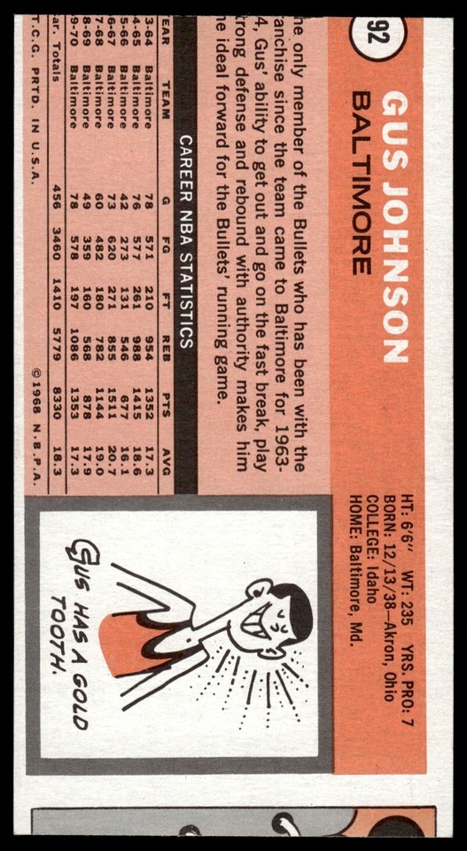1970-71 Topps MISCUT Gus Johnson NM Baltimore Bullets #92 *Noles2148 ...