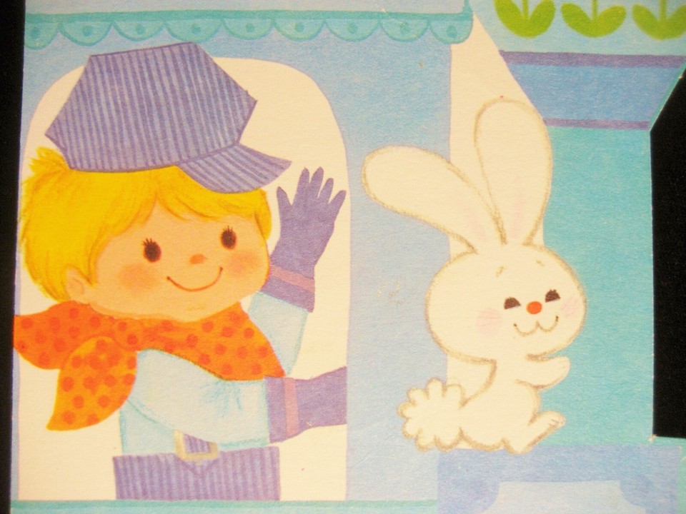 Vintage Easter Greeting Card Die Cut Boy Engineer & Bunny Fireman in ...