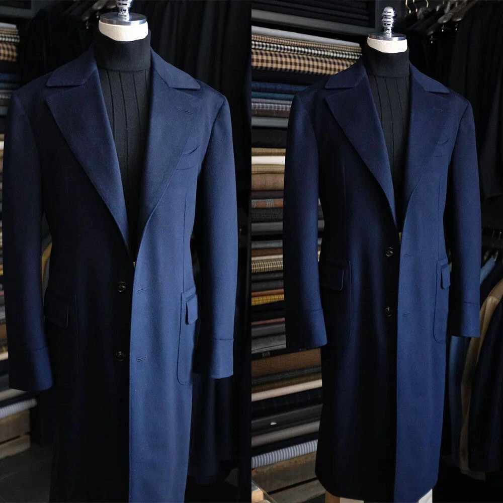 Men Long Overcoat Royal Blue Herringbone Wool Blend Coat Winter ...