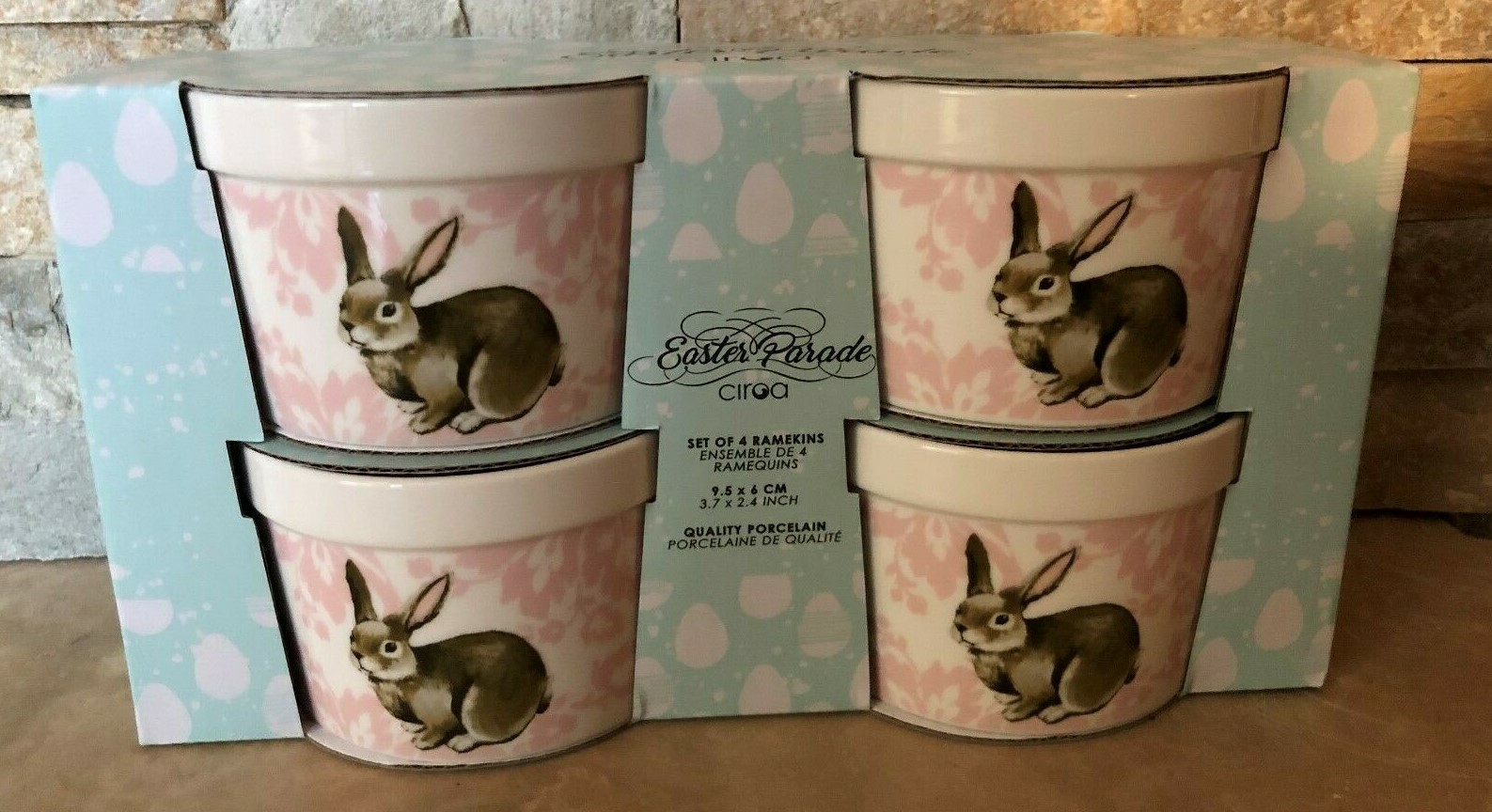 CIROA Set of 4 BUNNY RABBIT Ramequins PINK Damask EASTER PARADE Tidbit ...