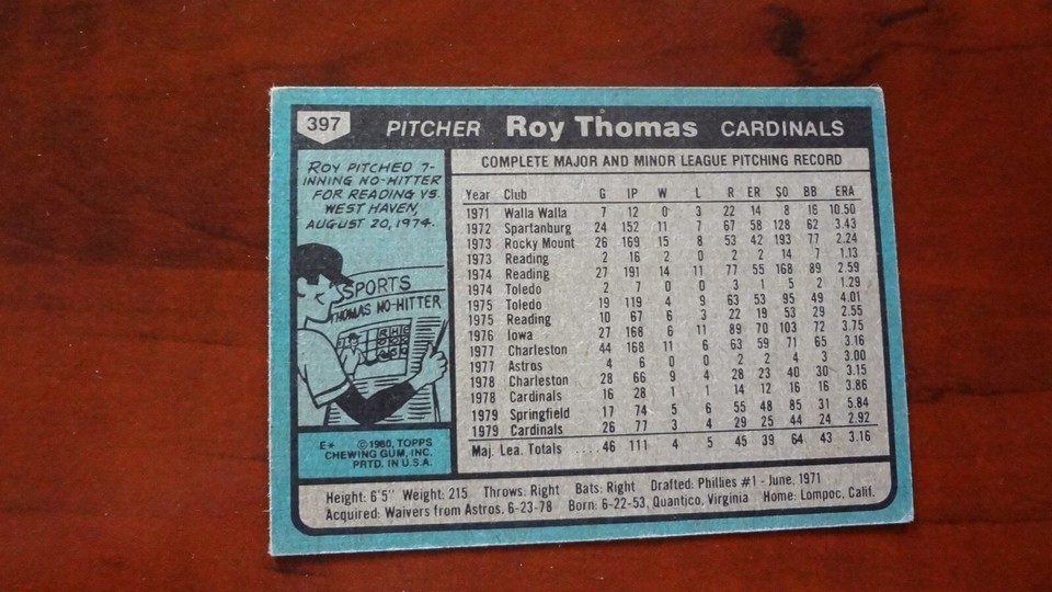 1980 TOPPS # 397 ROY THOMAS BASEBALL CARD | eBay
