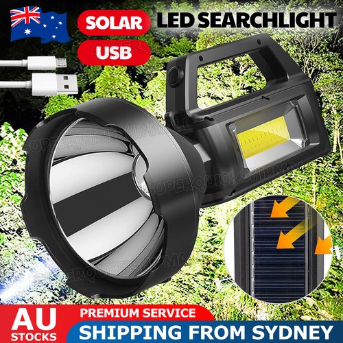 Solar LED Searchlight USB Rechargeable Spotlight Flashlight Torch Power ...