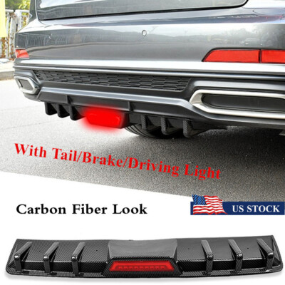 Car Rear Bumper Diffuser Spoiler Carbon Fiber Look W/ LED Tail Brake ...