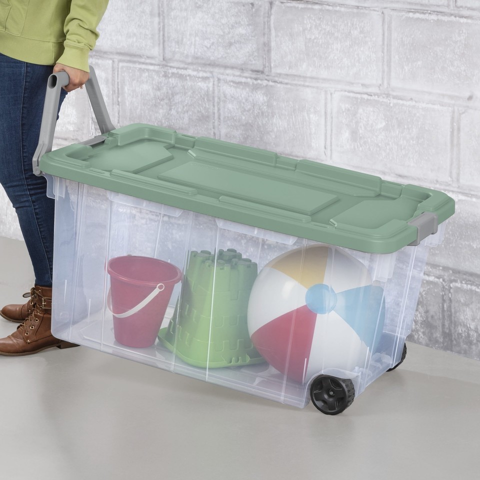 2x Sterilite 160 Qt Wheeled Tote Storage Green Stackable Design w/Clear ...