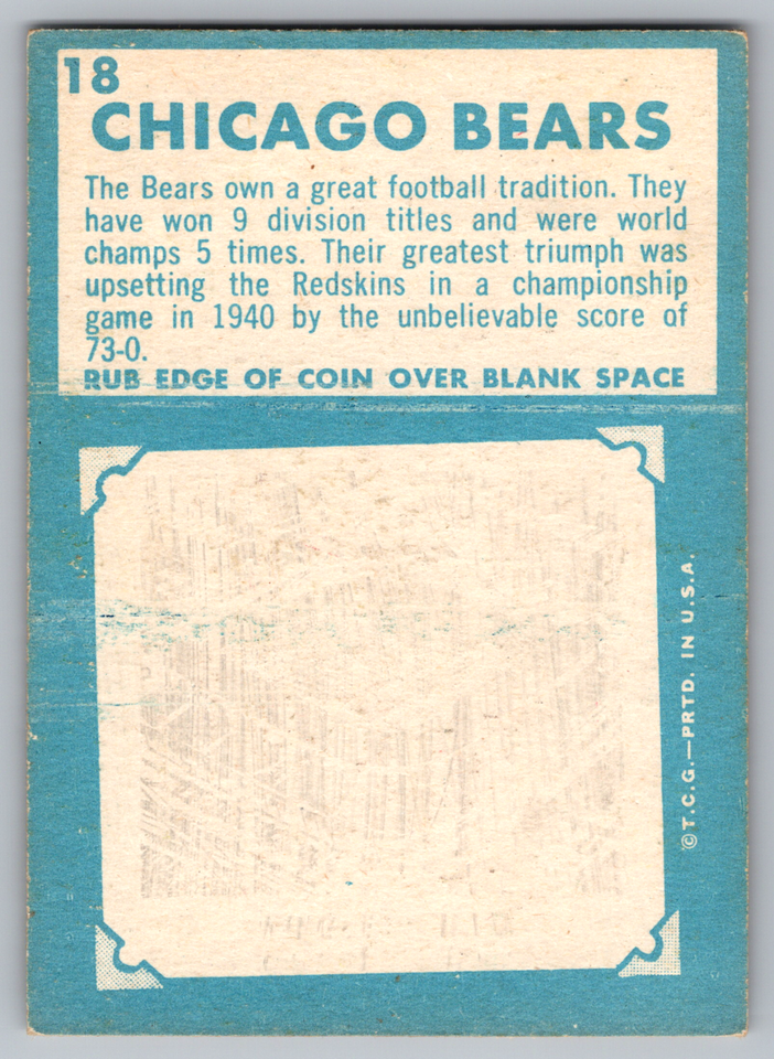 1961 TOPPS #18 CHICAGO BEARS TEAM CARD W/GEORGE HALAS/DOUG ATKINS ...